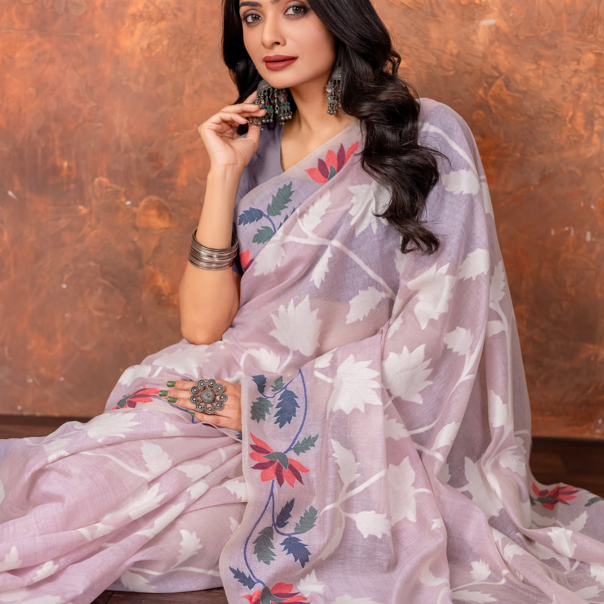 Mahitha Orchid Lavender Muga Cotton Jamdani Saree – Gajarai